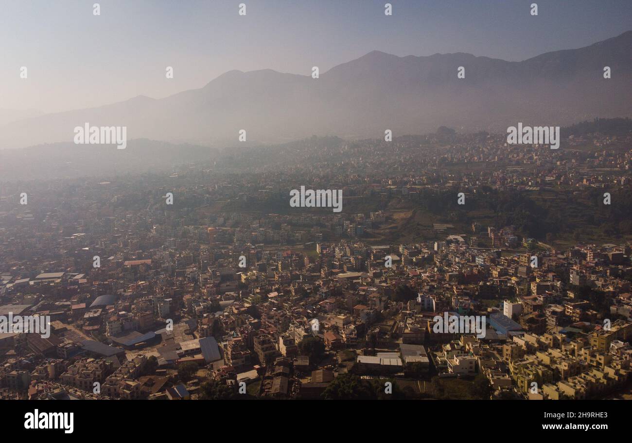 Kathmandu, Nepal. 08th Dec, 2021. (Editors note image taken by a drone)Aerial view of Thick ...