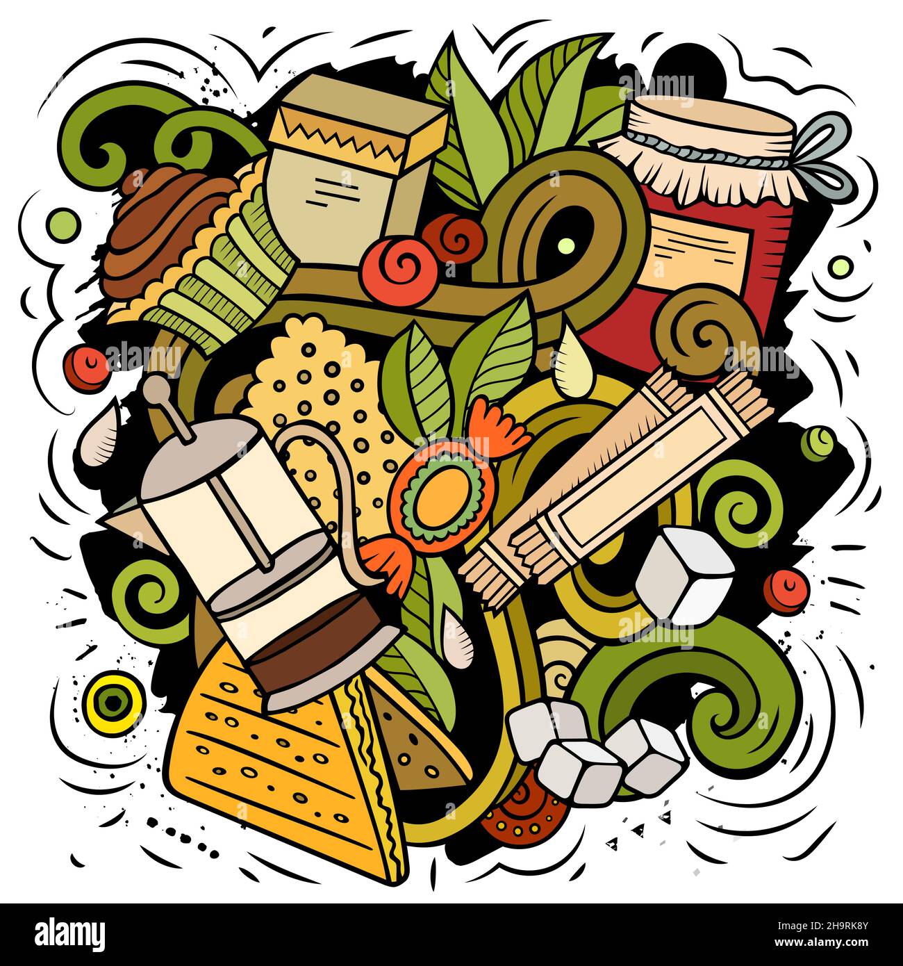 Cartoon vector doodles Tea time illustration. Colorful, detailed, with ...