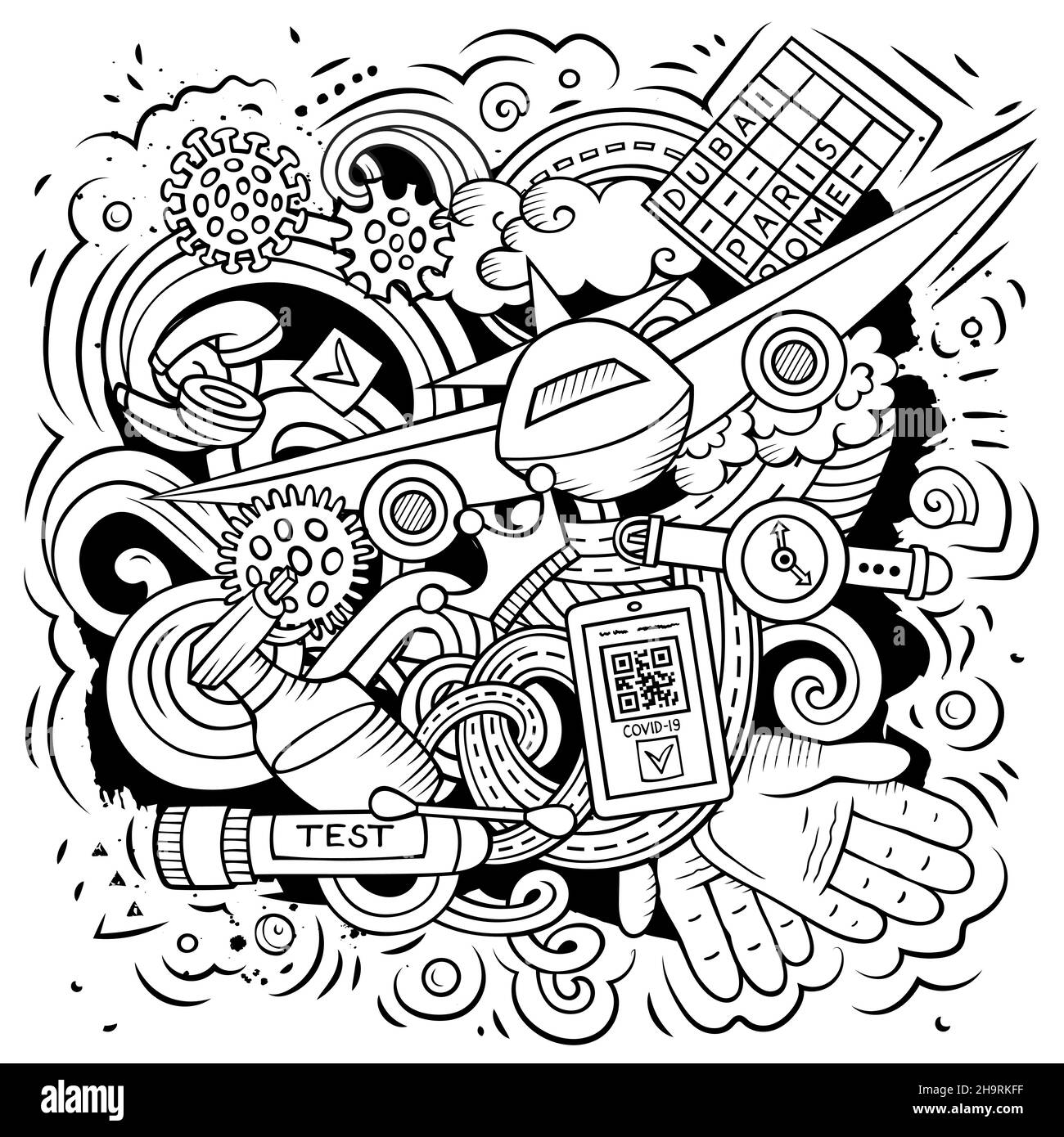 Traveling vector doodles illustration. New normal elements and objects ...