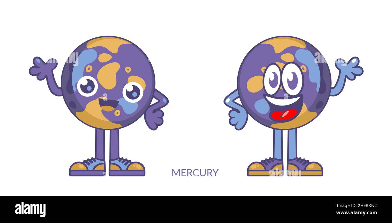 Two Simple Cute Isolated Happy Smiling Mercury Planet Cartoon ...