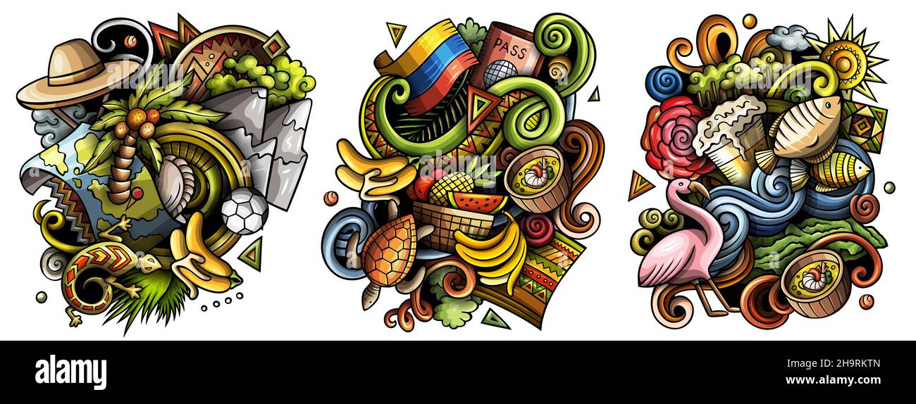 Ecuador cartoon vector doodle designs set. Colorful detailed ...