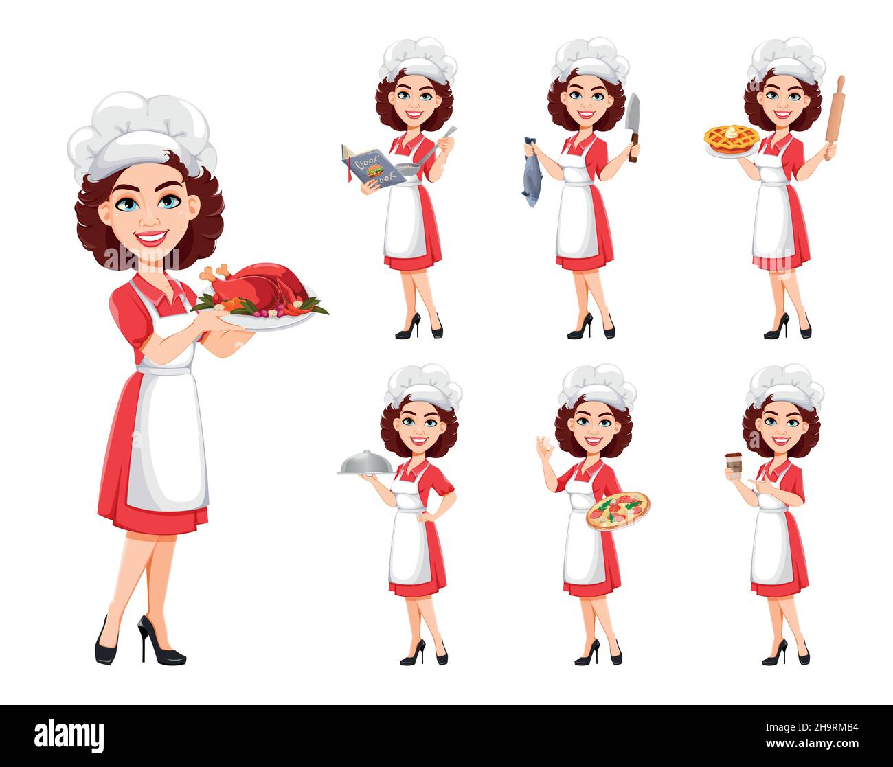 Chef woman, set of seven poses. Cook lady in professional uniform. Cute ...