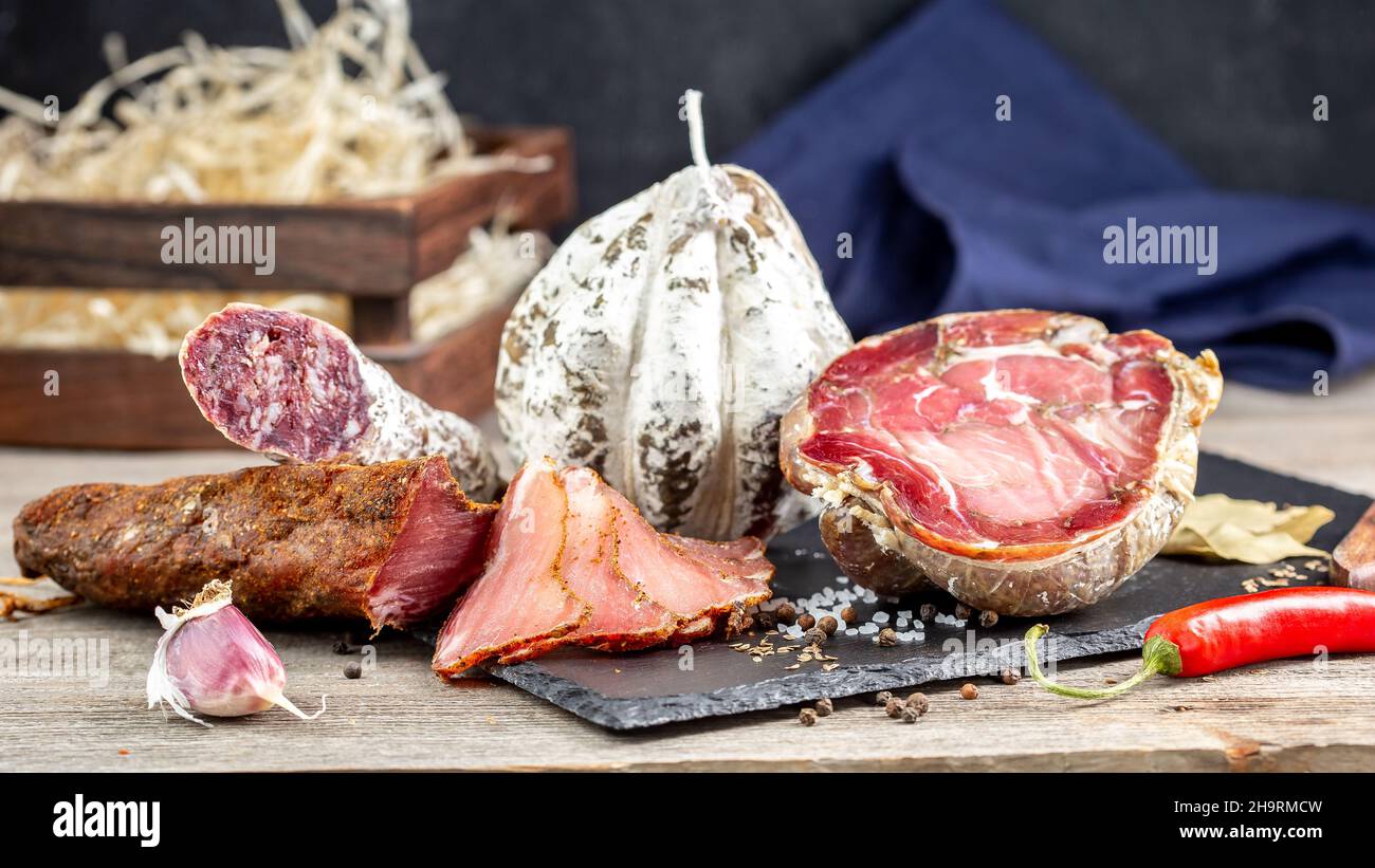 Traditional Ukrainian dry cured meat assortment with Matsik, Dry Cured ...