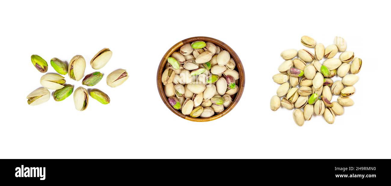 Top view of roasted salted pistachio nuts in nutshell set isolated on white background Stock ...