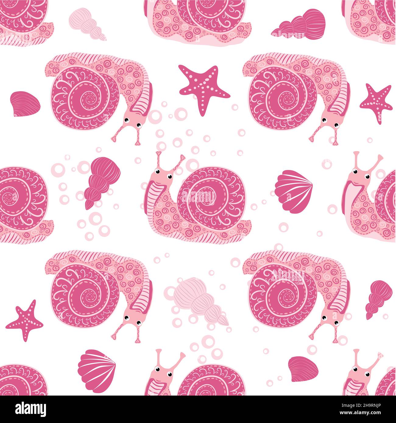 Snail pink, sea inhabitants seamless pattern, beautiful character among ...