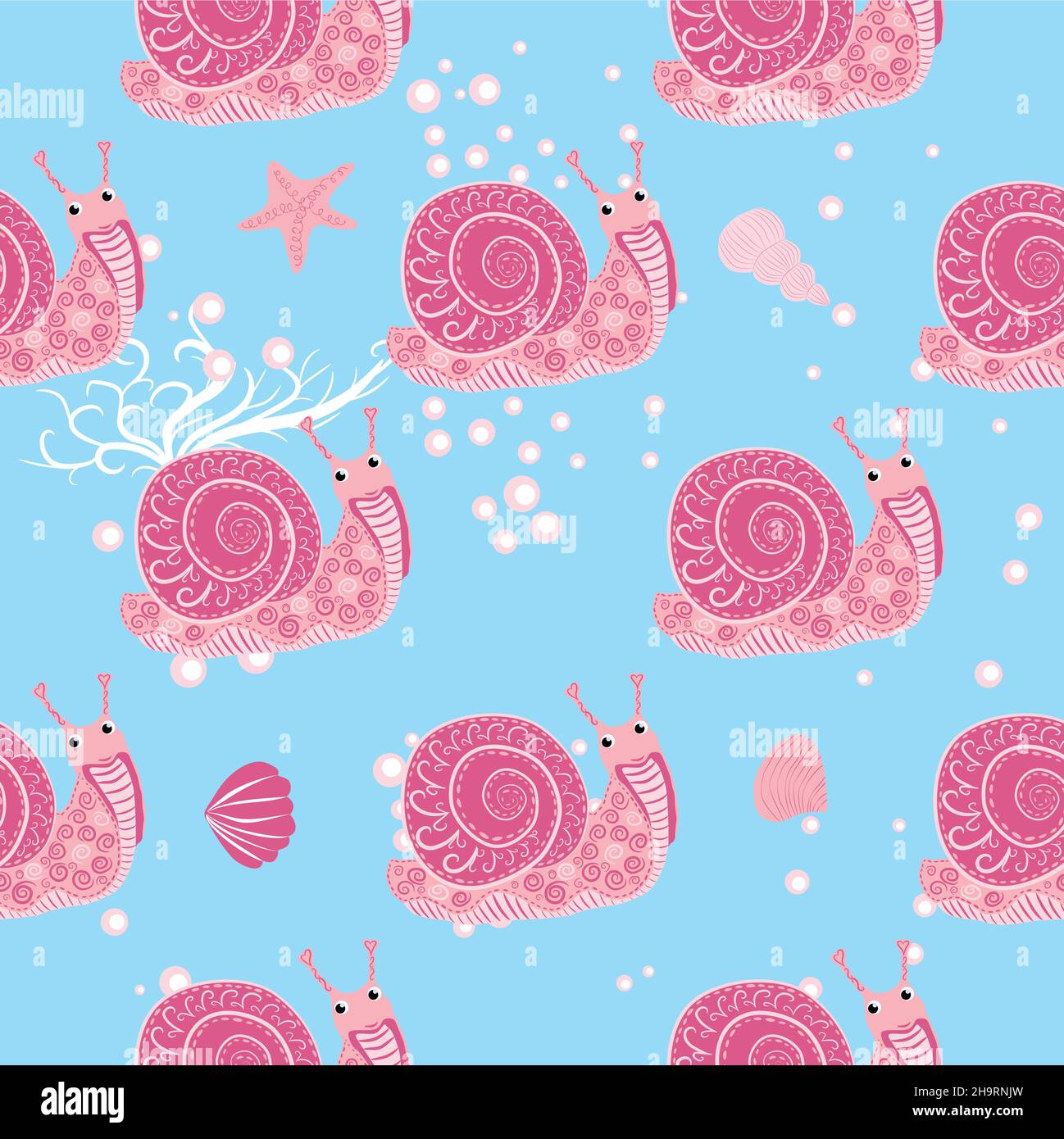 Snail pink, sea inhabitants seamless pattern, beautiful character among ...