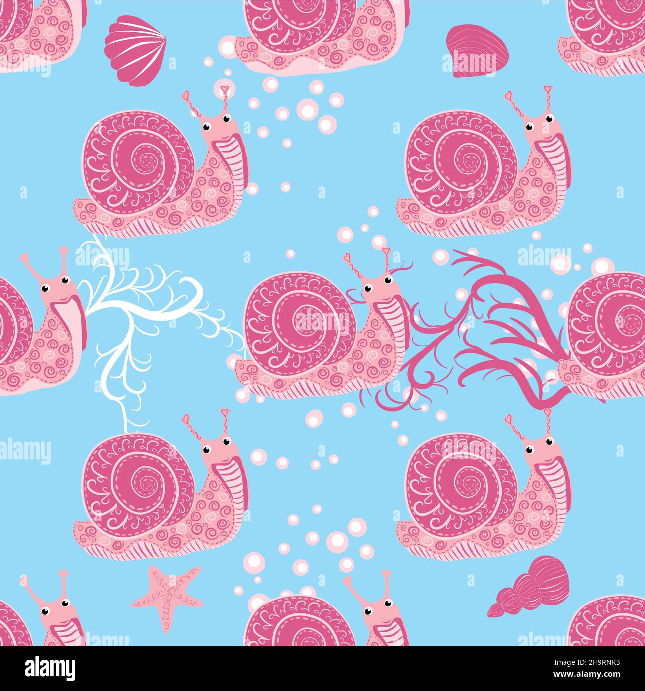 Snail pink, sea inhabitants seamless pattern, beautiful character among ...