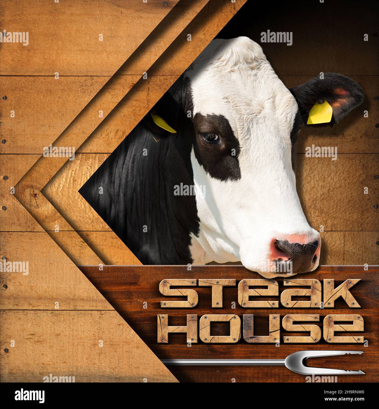 Wooden commercial sign with text Steak House or Steakhouse, head of cow ...
