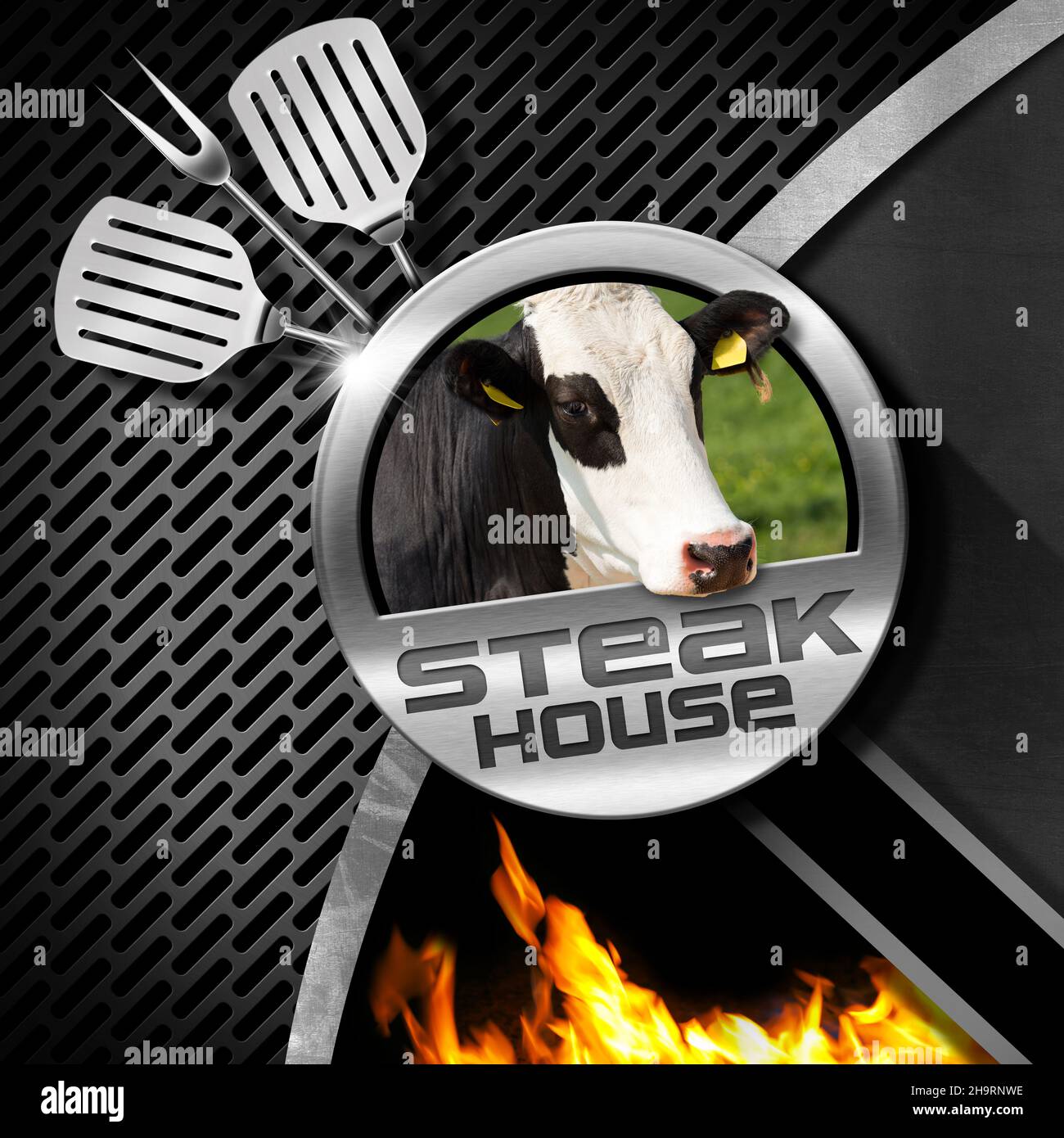 Steak house menu design with round symbol with head of cow on a dark ...