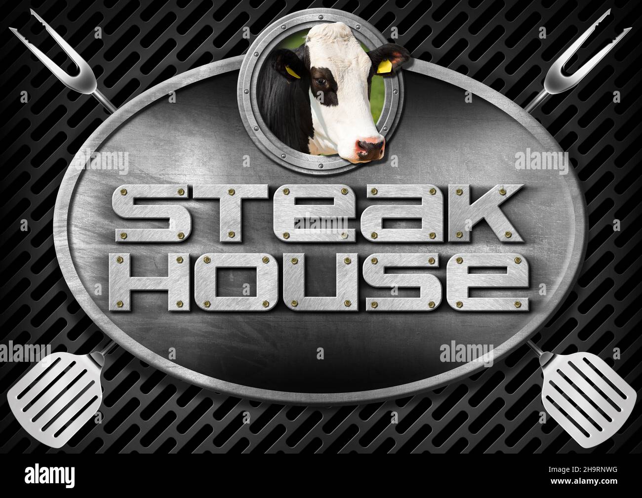 Steak House or Steakhouse menu design. Oval metallic sign with text ...
