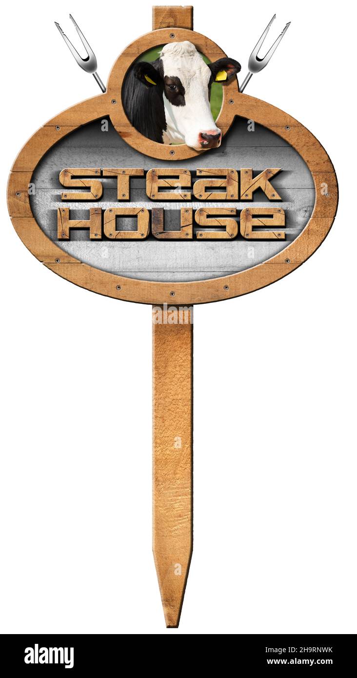 Wooden oval and round commercial sign with pole, text Steak House, head ...