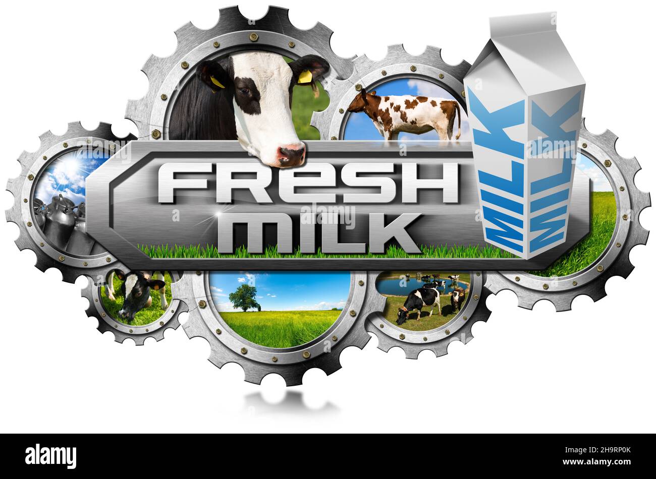 Group of metallic cogwheels with cows, green pasture, cans of milk and ...