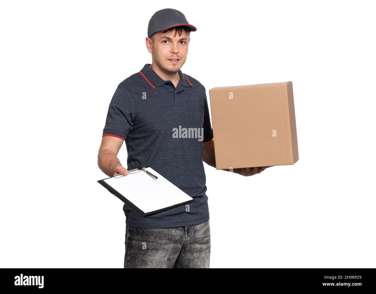 Delivery man with parcel box. Courier with clipboard and cardboard box ...