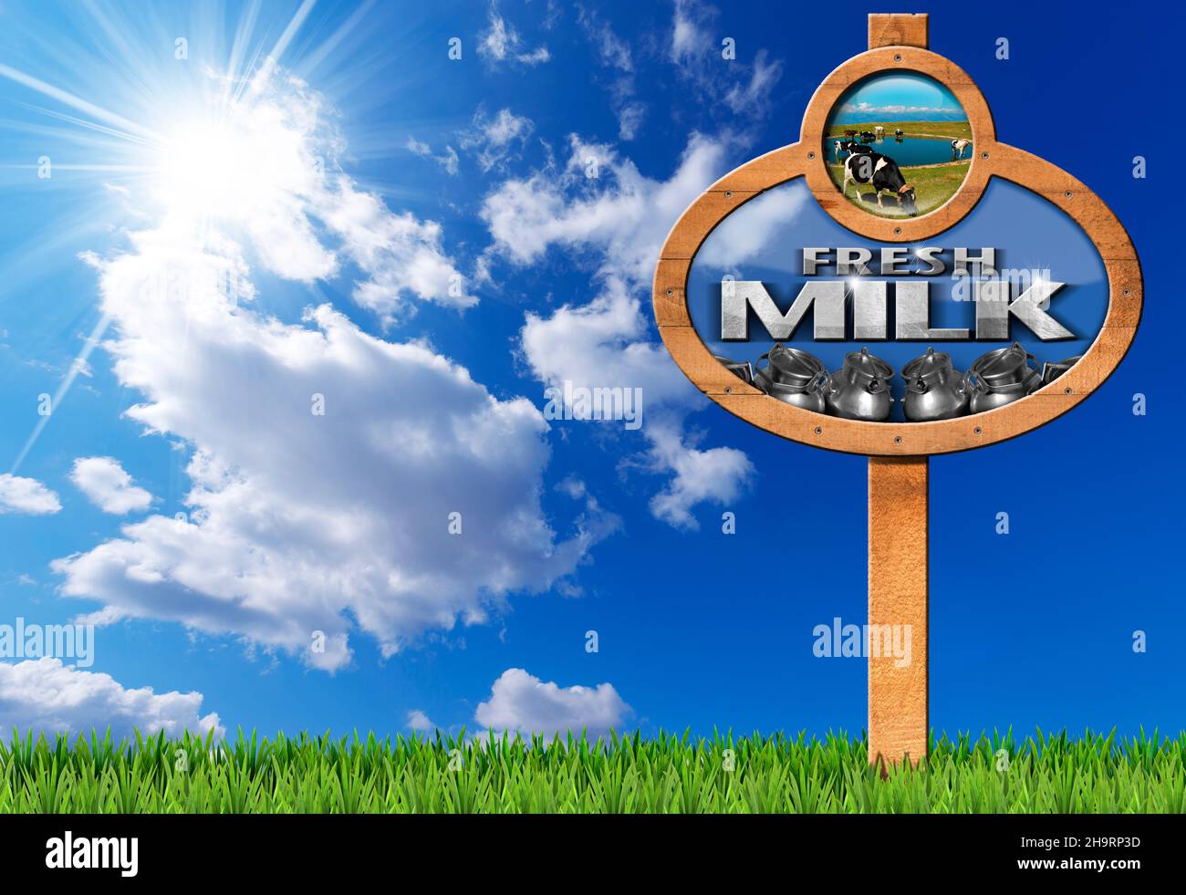 Wooden sign with a pole, text Fresh Milk, grazing cows and steel cans ...