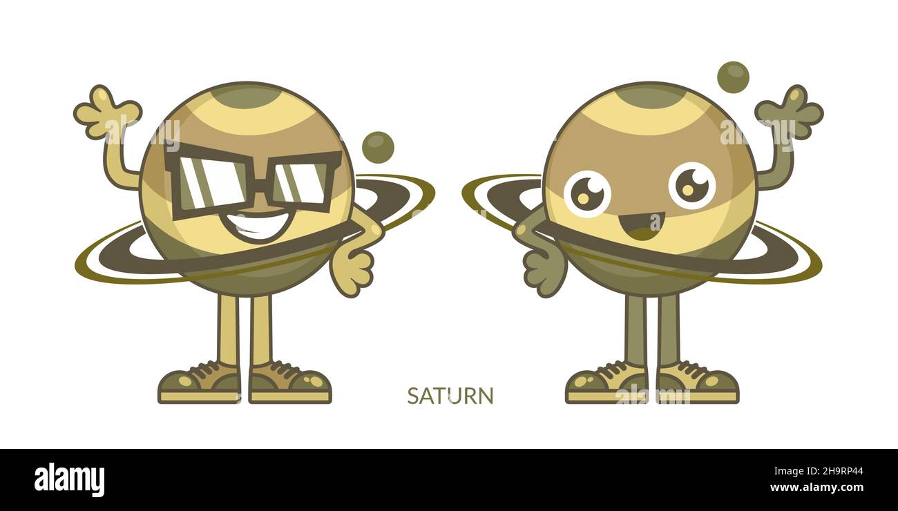 Two Simple Funny Isolated Happy Smiling Saturn Planet Cartoon ...