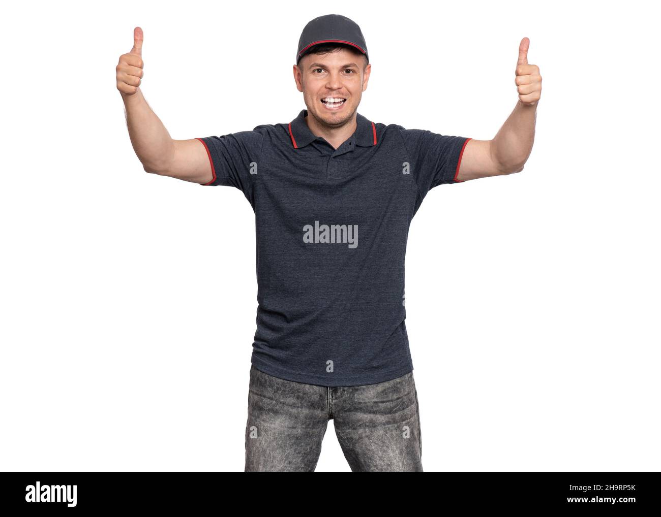 Happy smiling Man in cap showing both thumbs up isolated on white ...