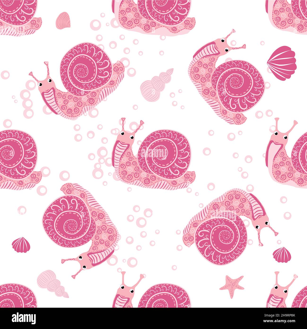 Snail pink, sea inhabitants seamless pattern, beautiful character among ...