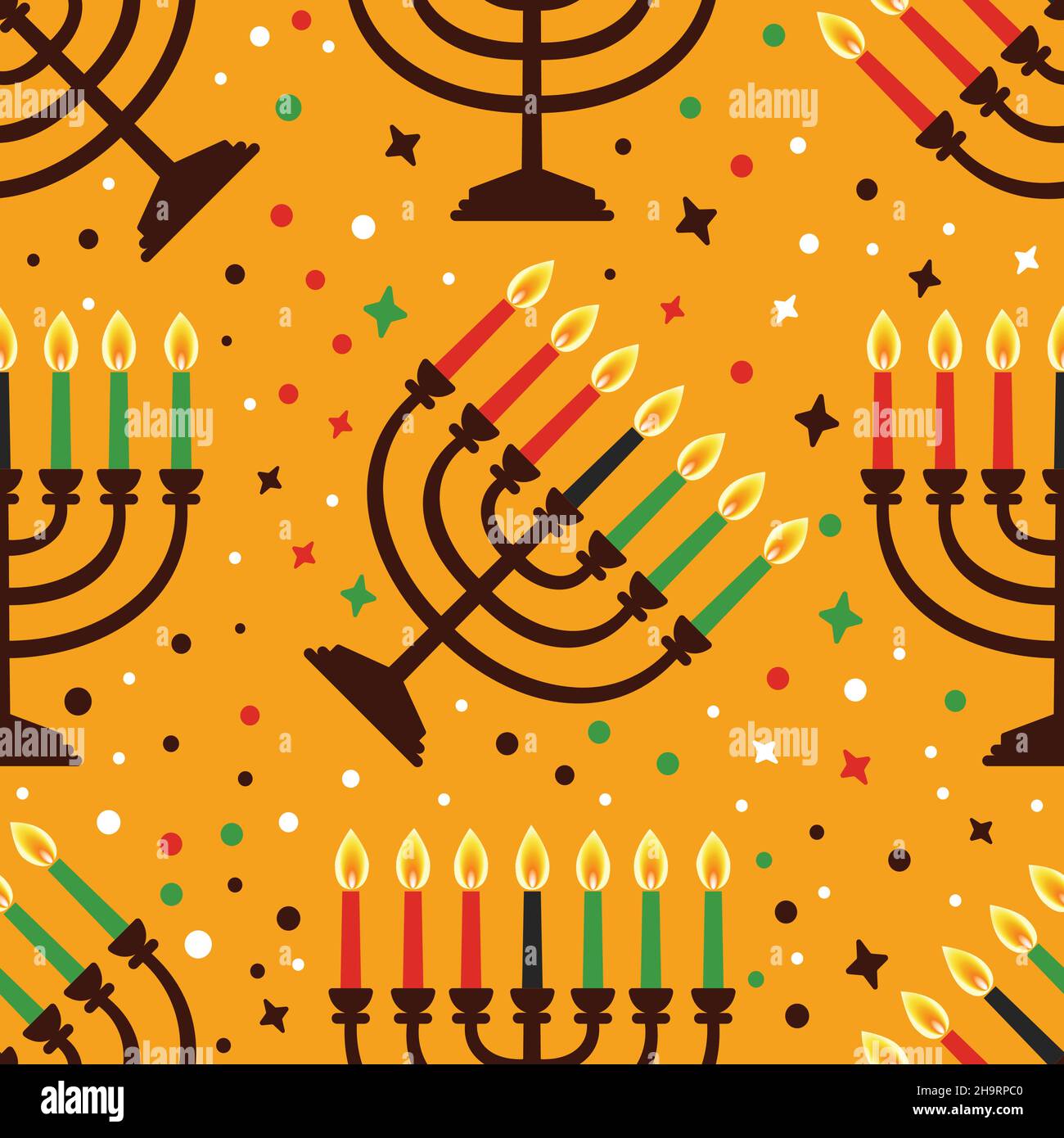 Cute Kwanzaa seamless pattern with seven kinara candles and dots in ...