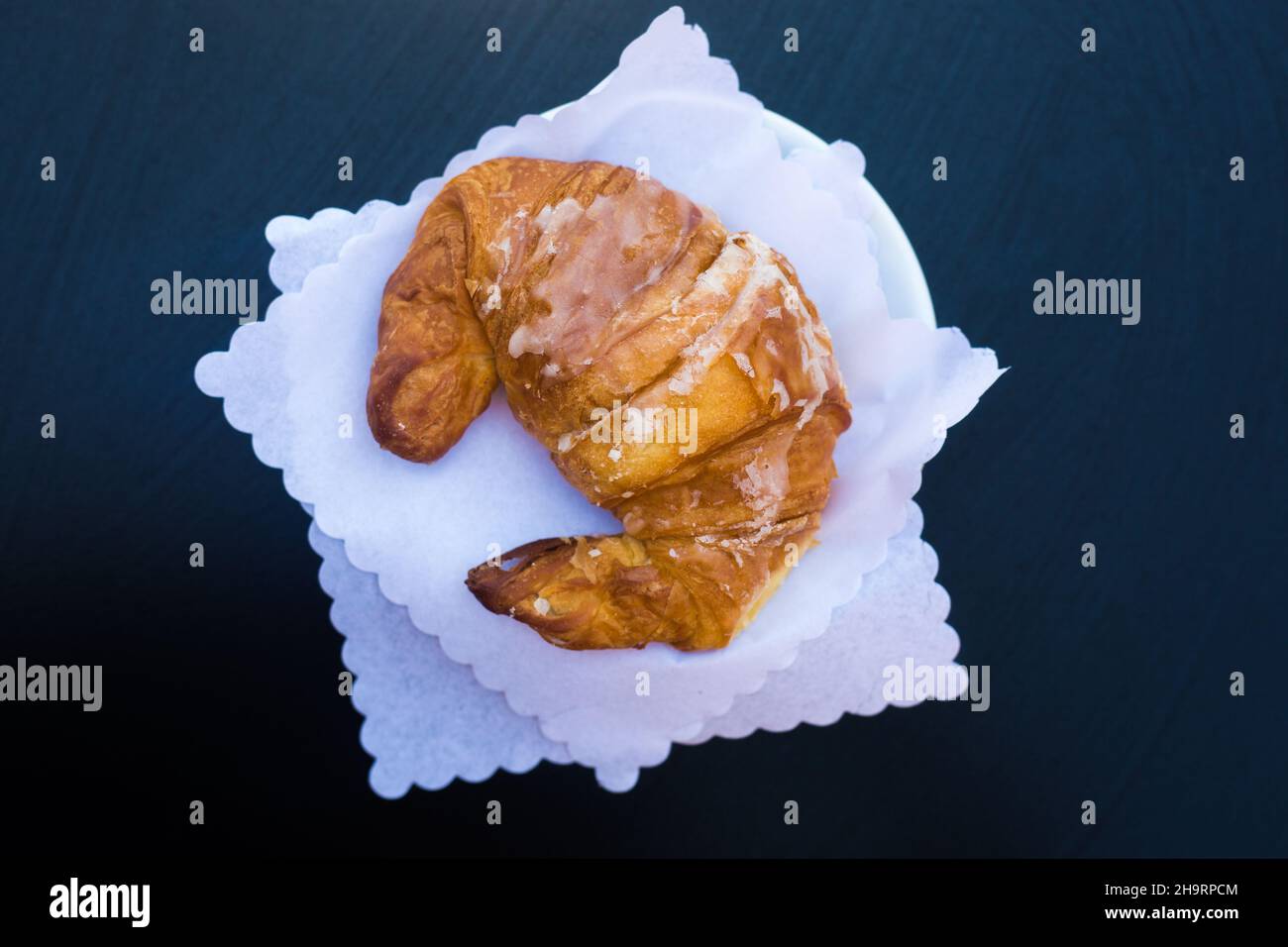 Italian breakfast. Top view to fresh traditional french croissant with ...