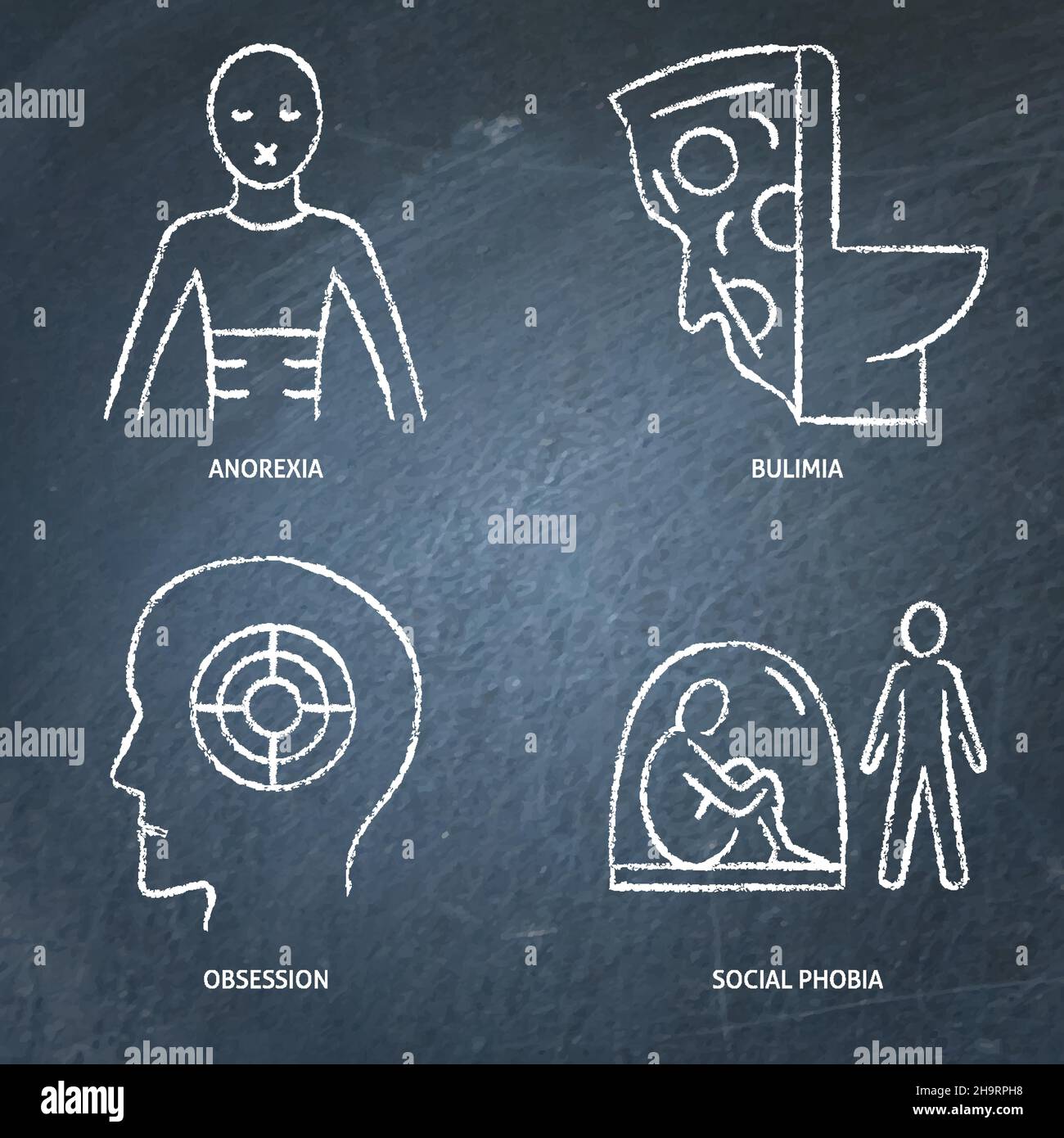 Chalkboard mental disorders icon set in line style. Social phobia ...
