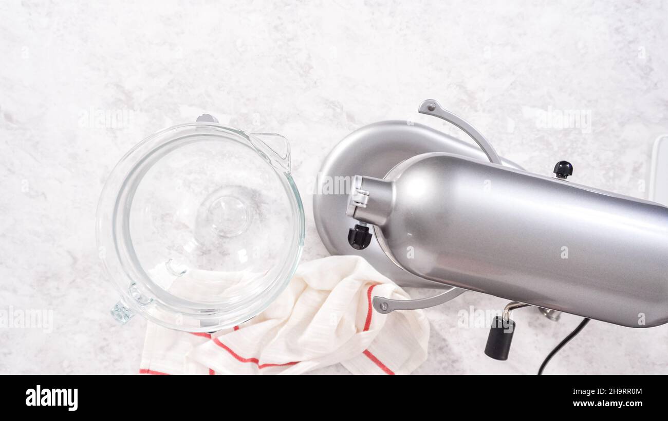 Flat lay. Step by step. Mixing ingredients in kitchen mixer to bake ...