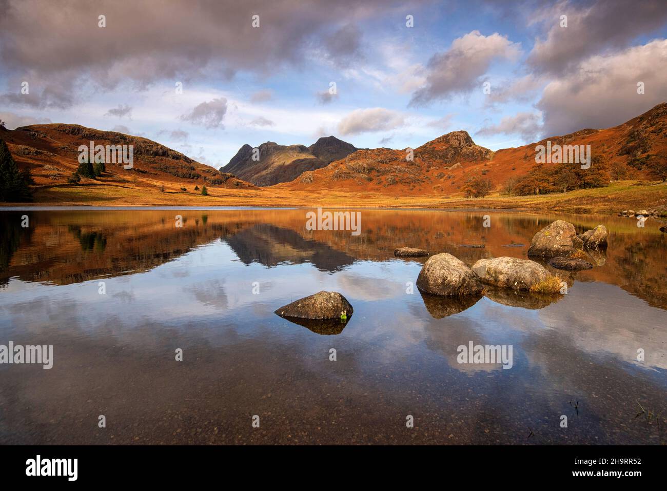 Autumn reflections at Blea Tarn in the Lake District, Cumbria England ...