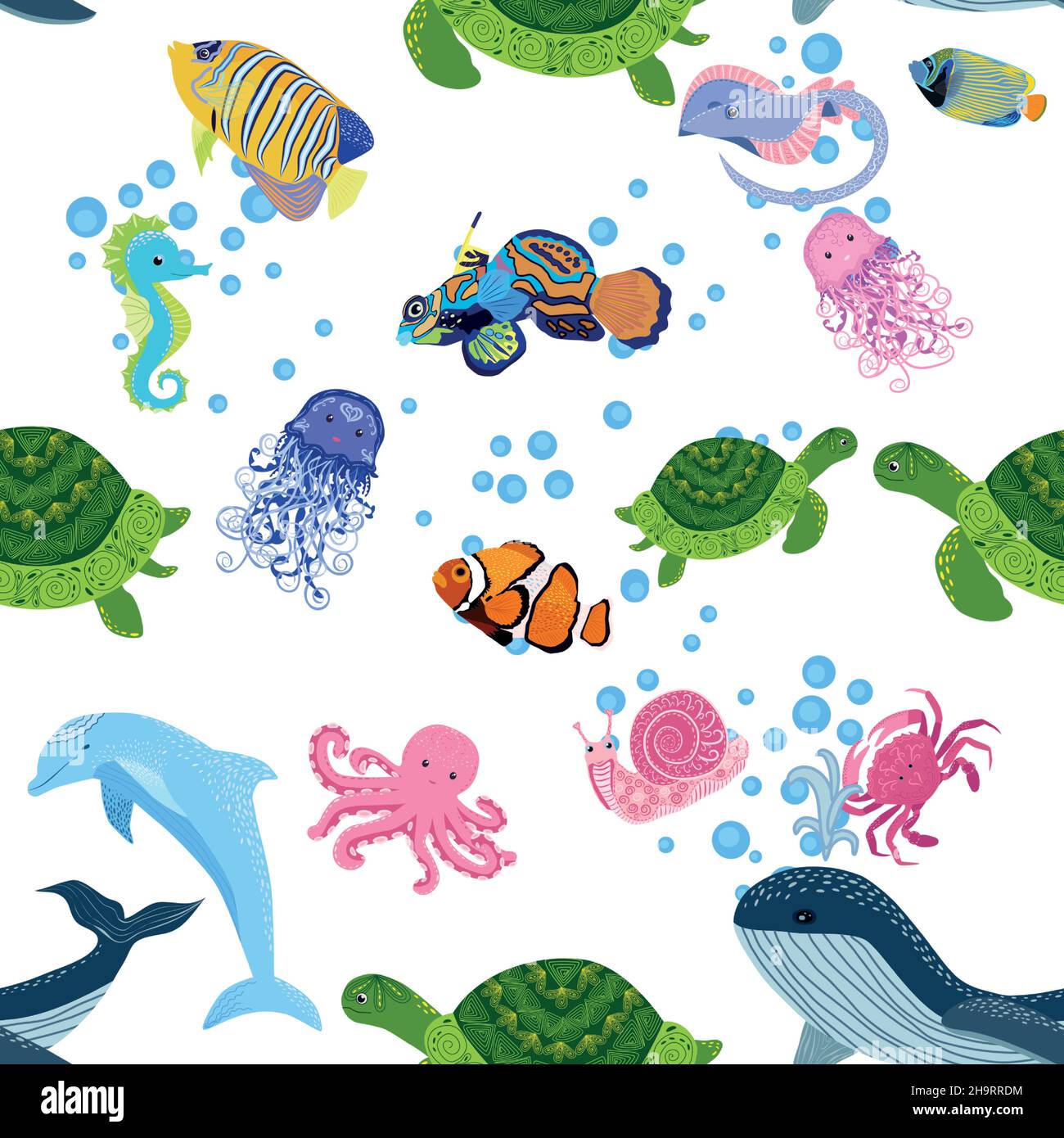 Marine life, fish, animals bright seamless pattern. sea travel ...