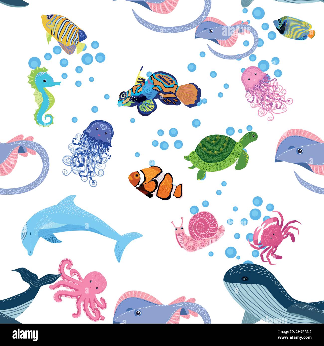 Marine life, fish, animals bright seamless pattern. sea travel ...