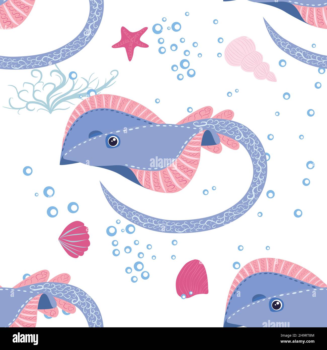 Batomorphi sea life, fish, animals bright seamless pattern. sea travel ...