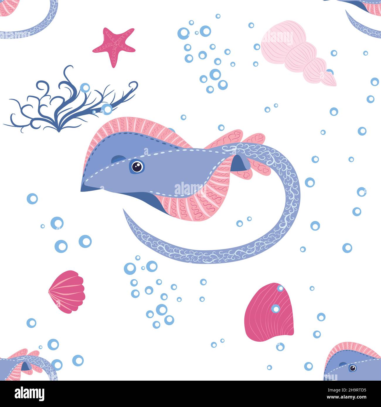 Batomorphi sea life, fish, animals bright seamless pattern. sea travel ...