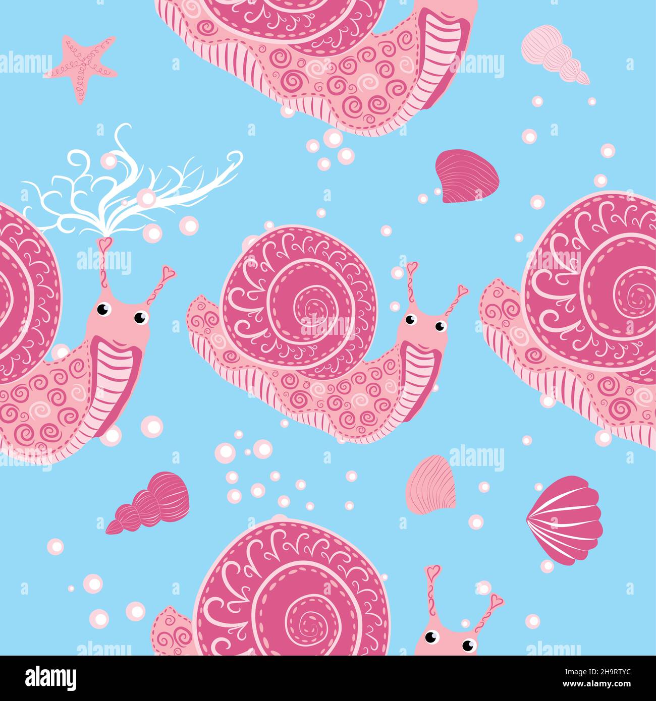 Snail pink, sea inhabitants seamless pattern, beautiful character among ...