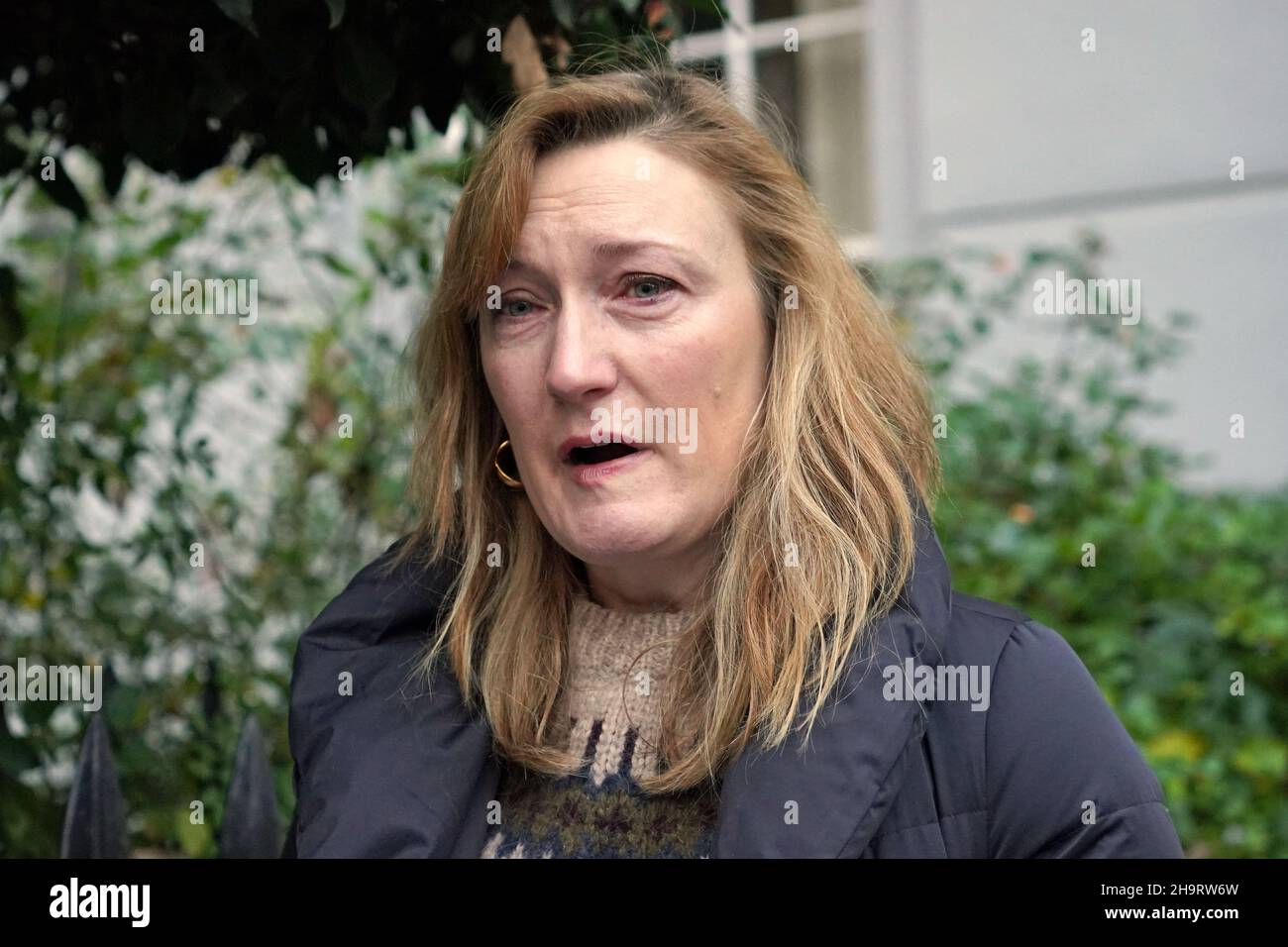 Allegra Stratton speaking outside her home in north London where she ...