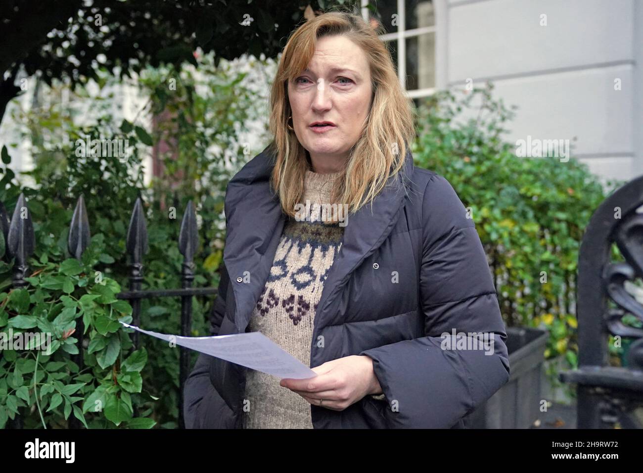 Allegra Stratton speaking outside her home in north London where she ...