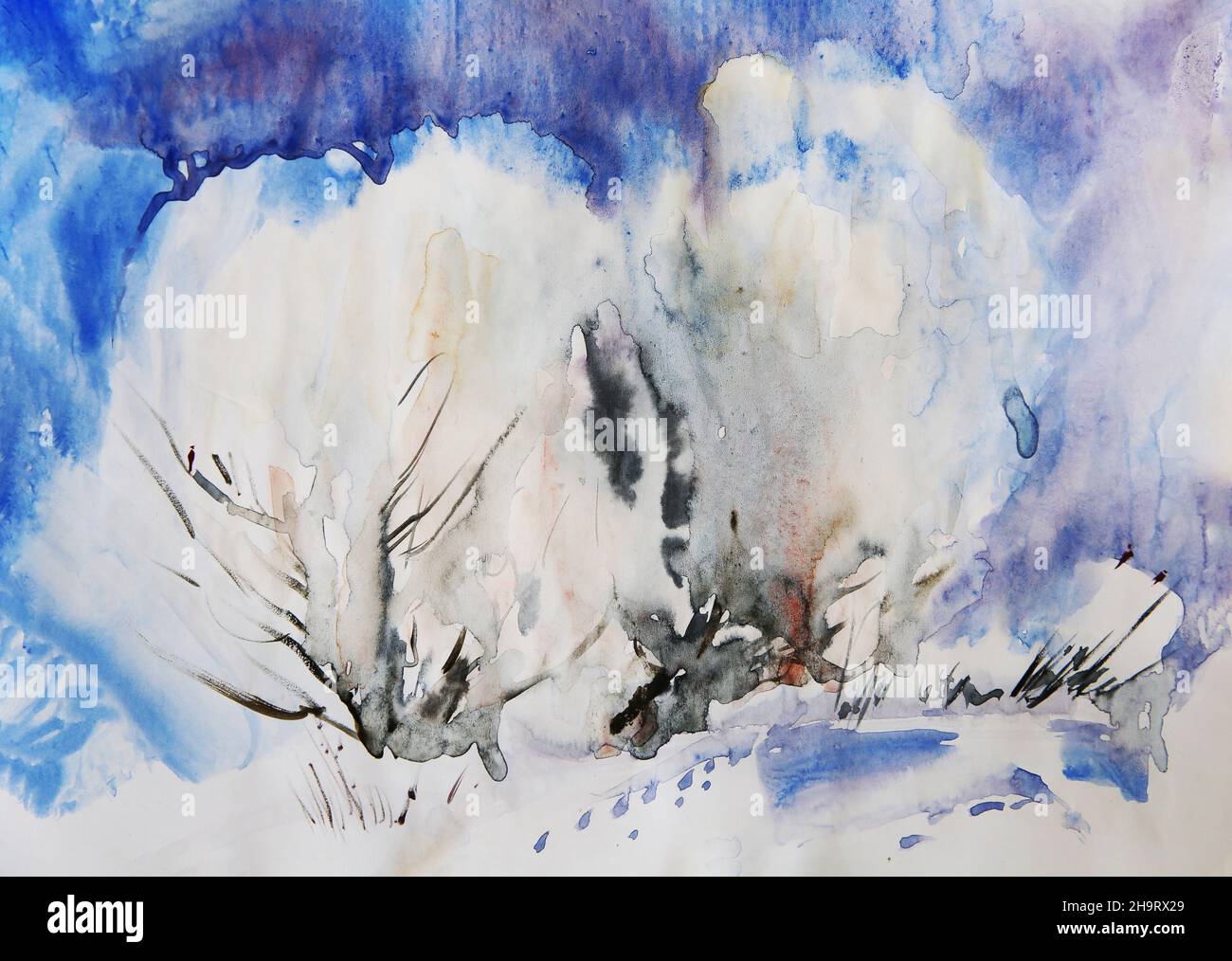 Watercolor painting winter landscape with snow trees Stock Photo - Alamy