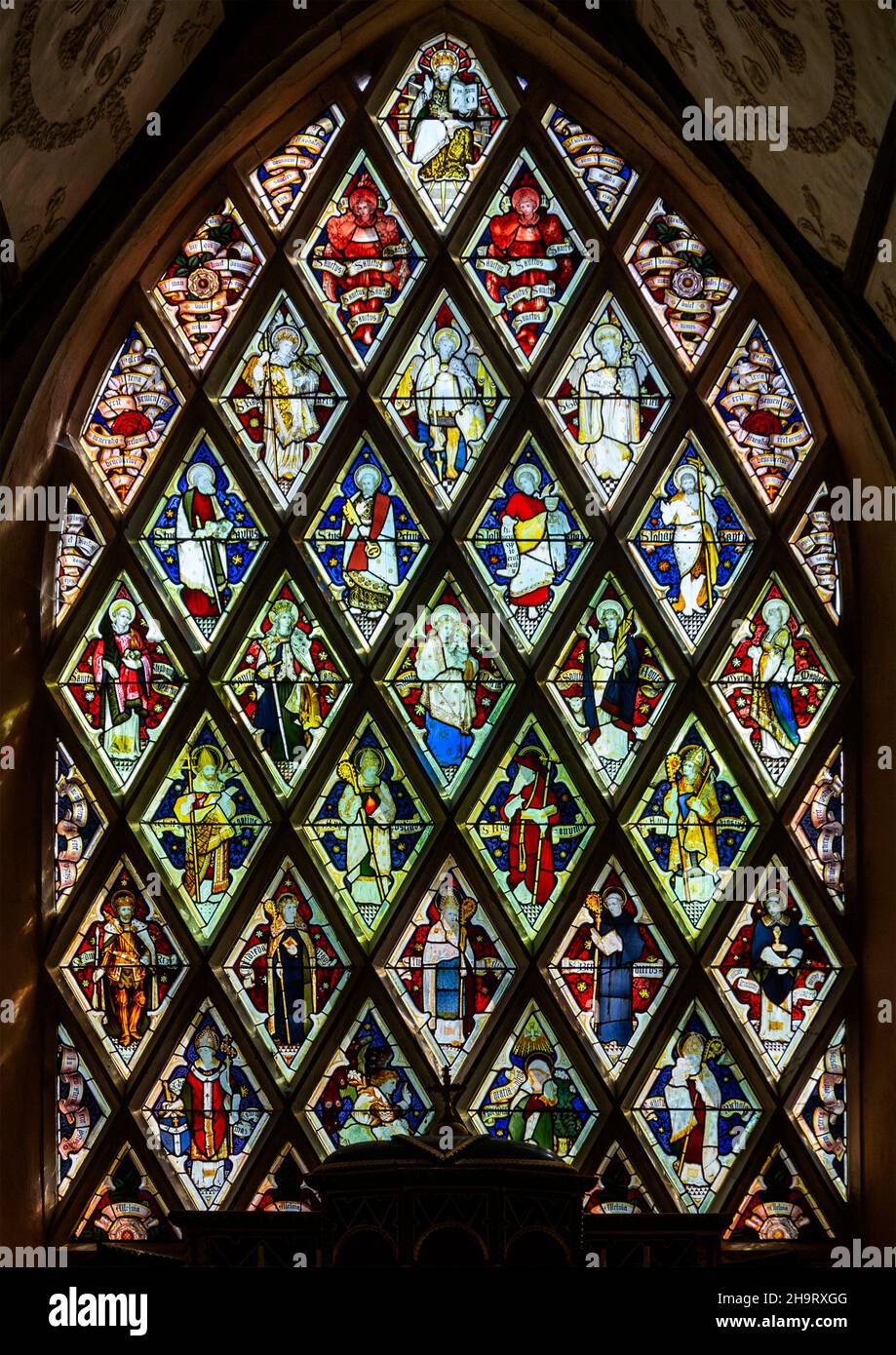 Unique lattice design of the east window with stained glass by C E ...