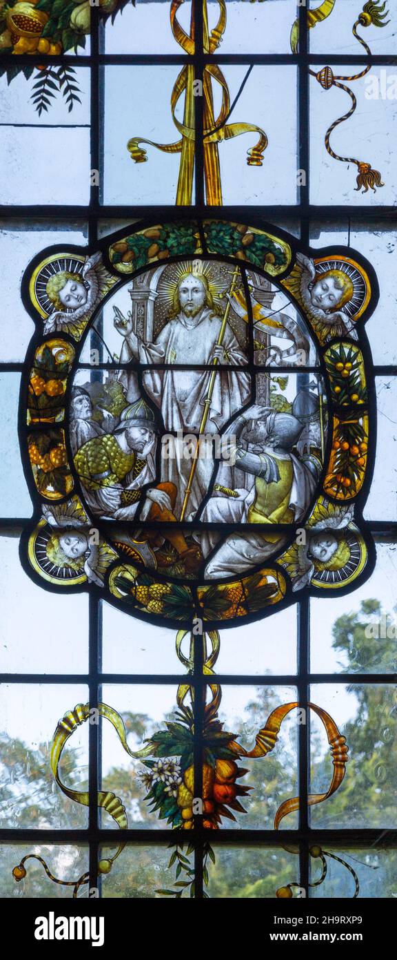 Stained glass window of wreathed oval roundel in Renaissance style by ...