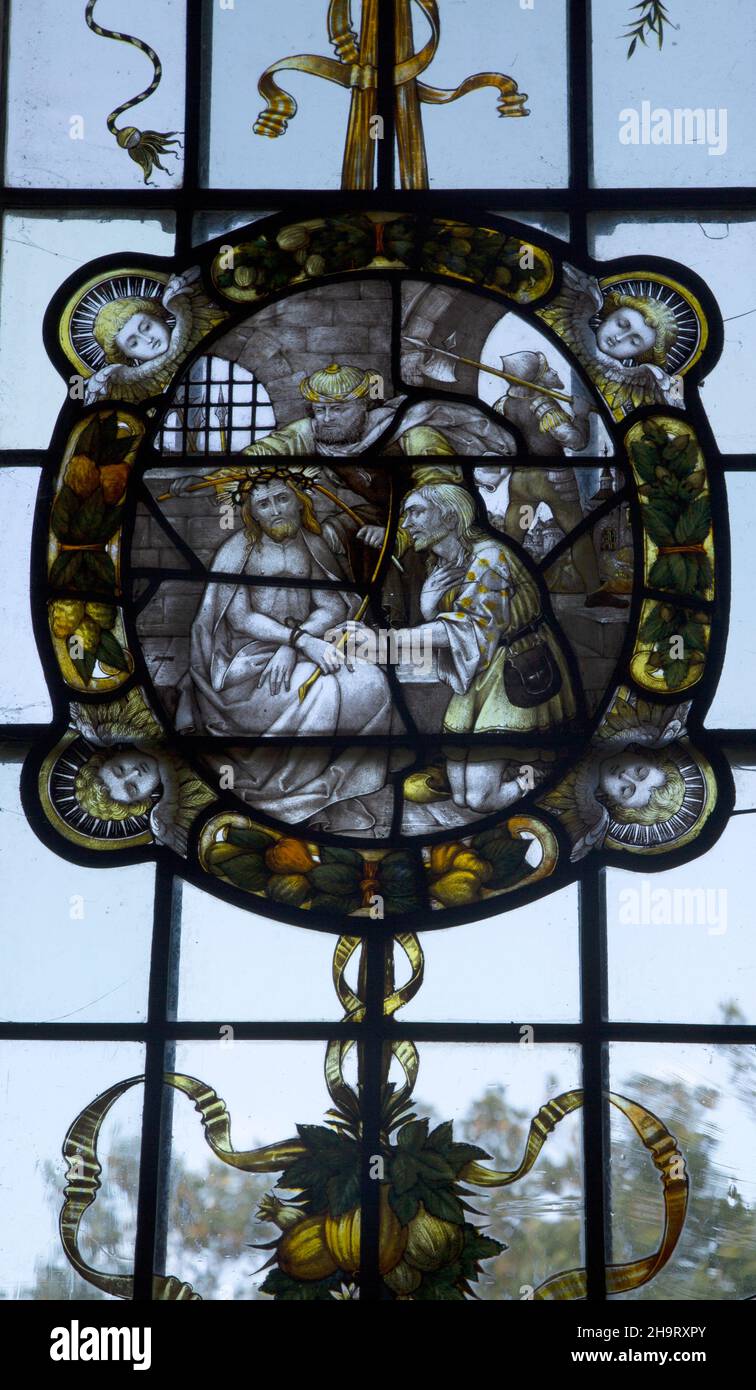 Stained glass window of wreathed oval roundel in Renaissance style by ...