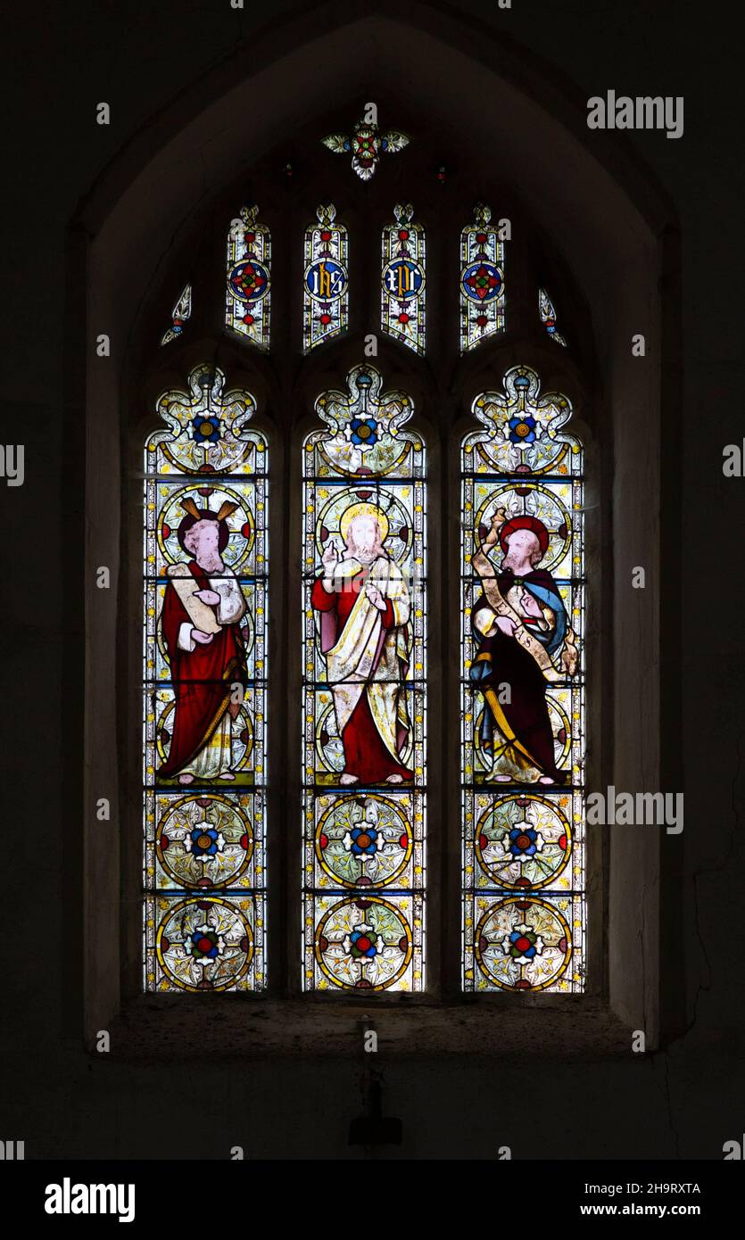 Stained glass window Moses, Jesus Christ, Elijah, Preston St Mary ...