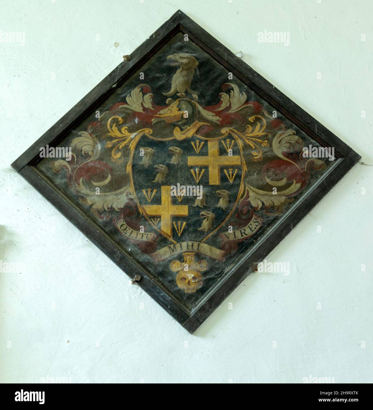 Wall mounted funerary hatchment, Elmsett church, Suffolk, England, UK ...