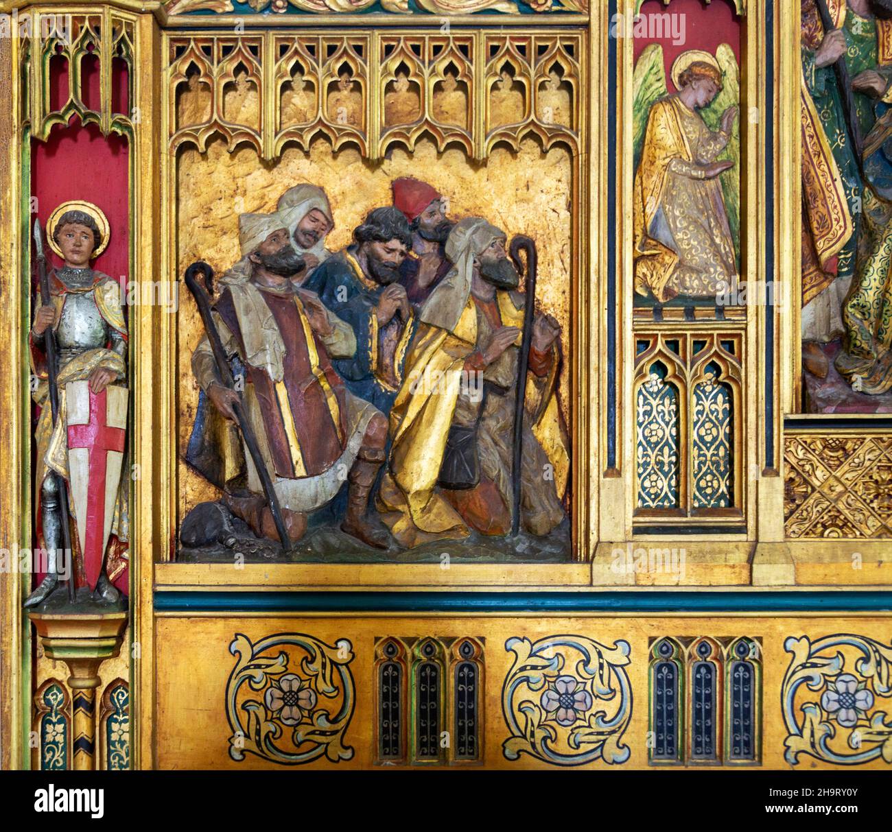 Detail of Nativity altar reredos, adoration of shepherds, Bradfield St ...