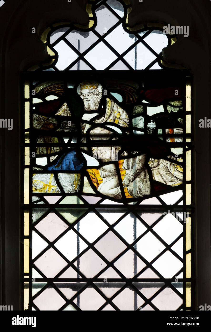 Medieval fragments stained glass window, perhaps of a king, Cockfield ...