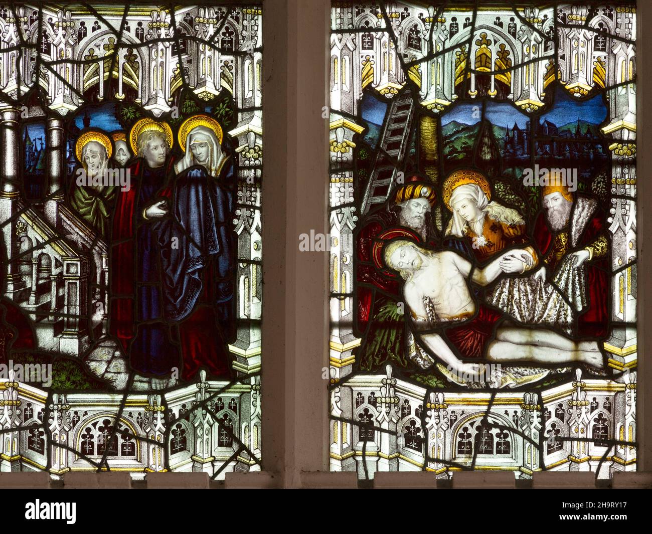 Stained glass east window detail, Cockfield church, Suffolk, England ...