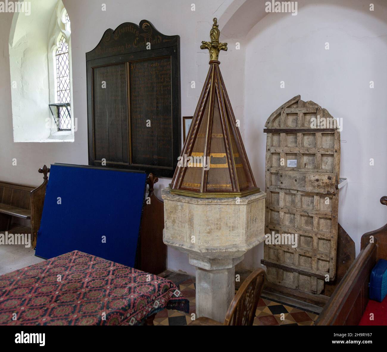 Medieval baptism font inside Cockfield church, Suffolk, England, UK ...