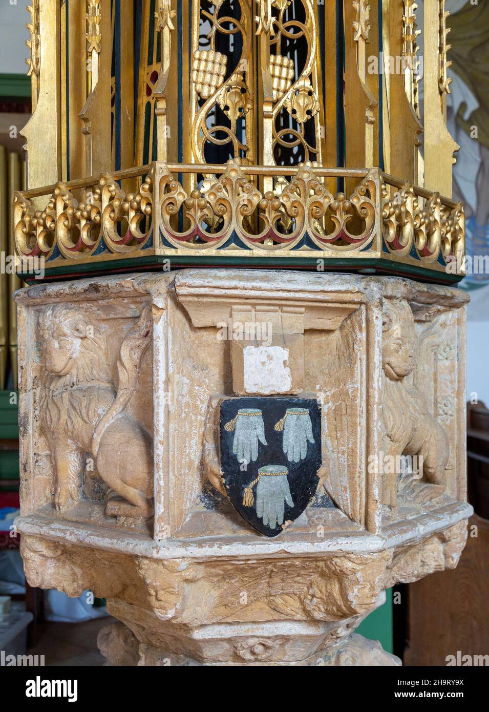 Church of St John the Baptist, Lound, Suffolk, England, UK painted font ...