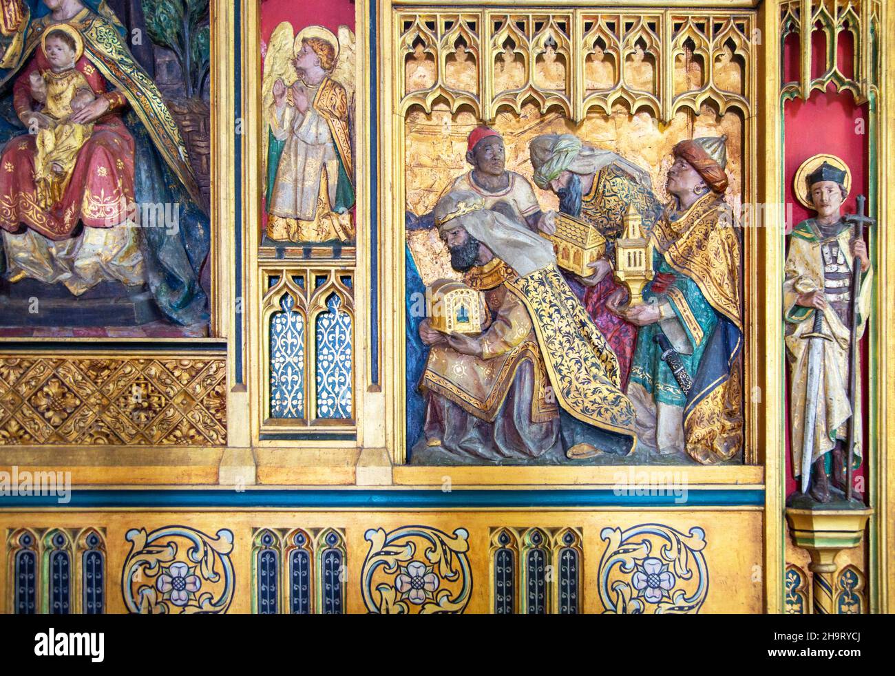 Detail of nativity altar reredos, adoration of the Magi, Bradfield St ...