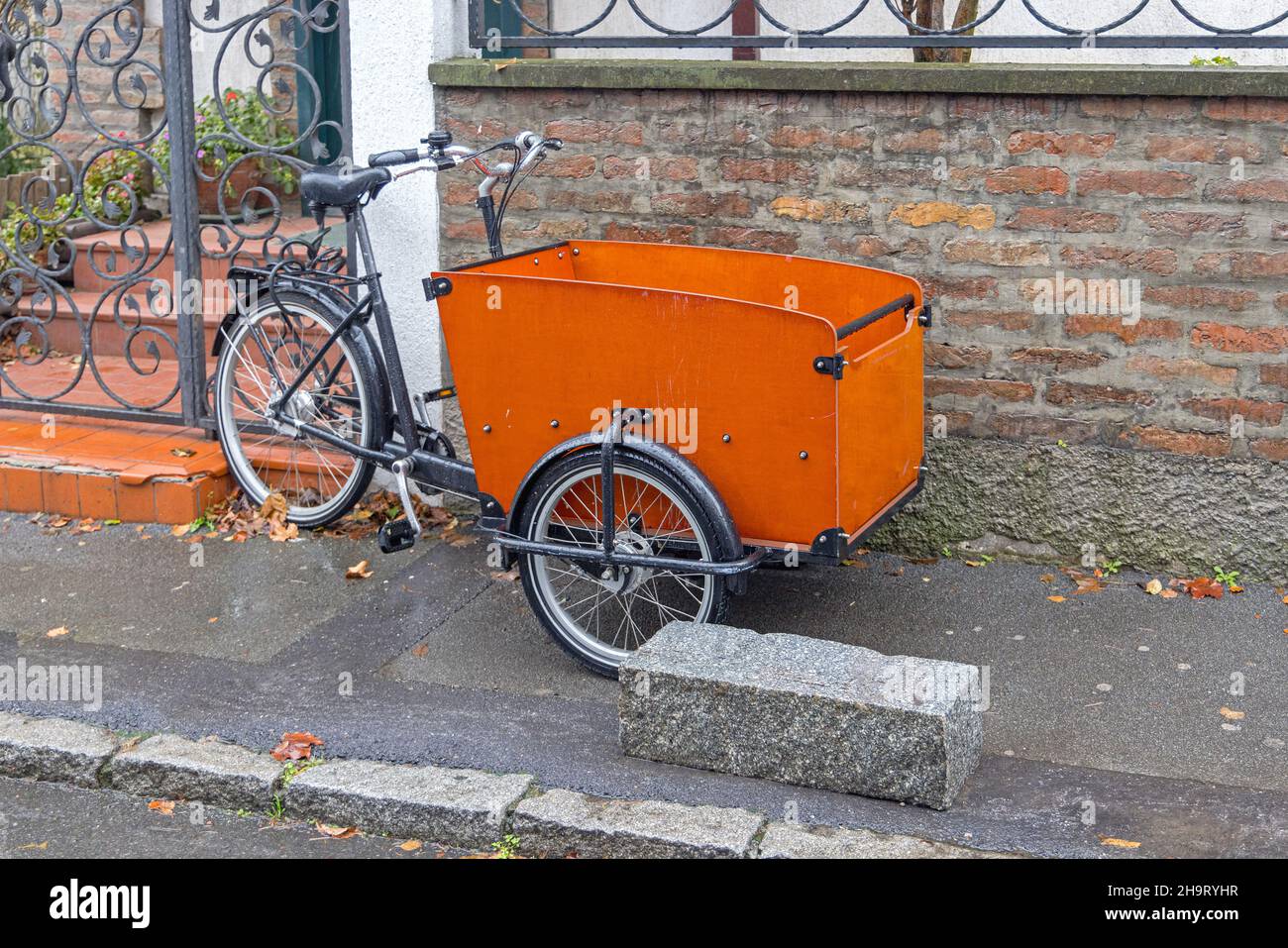Cargo Bicycle With Big Wooden Bucket Parked in Front of House Stock ...