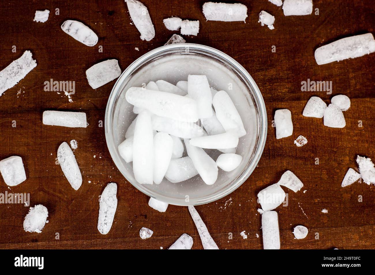 Top view of white cool dry ice (frozen carbon dioxide) with smoke ...
