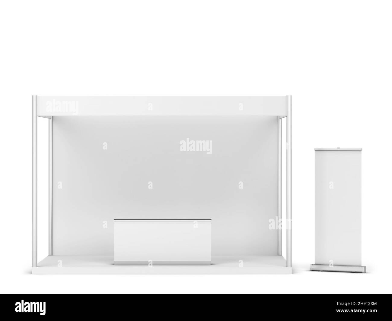 Blank tradeshow booth with counter and rollup banner. 3d illustration ...