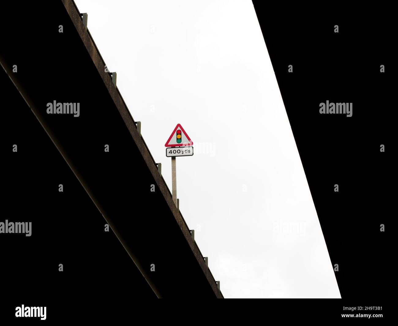Traffic light sign on a flyover taken from below, Plymouth, Devon, UK ...