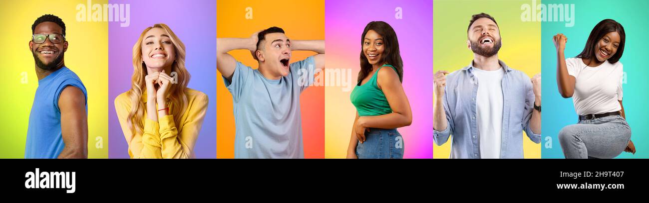 Set of positive multiracial people smiling, celebrating success and ...